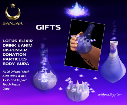 Second Life Marketplace - Lotus Elixir Drink Dispenser Donate & Aura Particles Sanjak Gifts